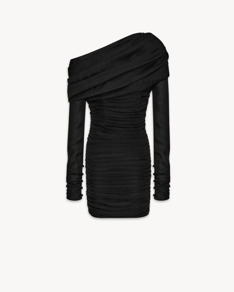 Ruched one-shoulder dress in silk muslin | Saint Laurent | YSL.com